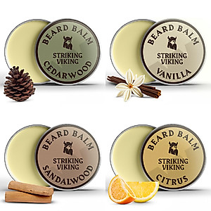Striking Viking Beard Balm for Men - Leave-In Beard Conditioner with Naturally Derived Butter, Argan & Jojoba Oils, Citrus Vanilla Sandalwood Cedarwood Scents, 1 Ounce (Pack of 4) - Mustache Wax