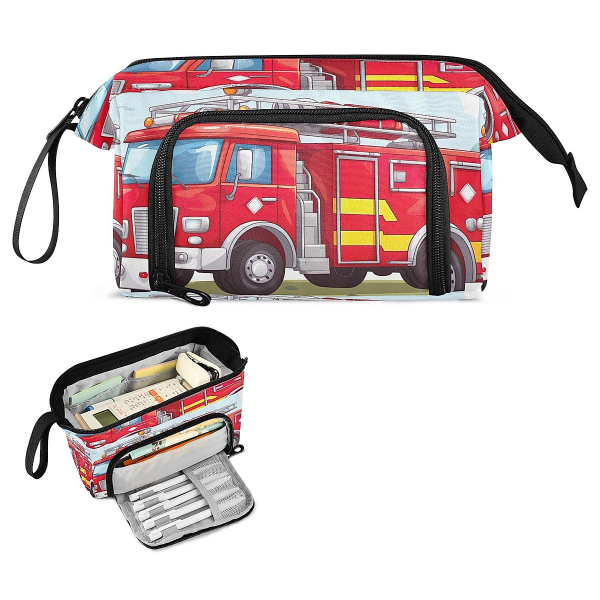 Emelivor Fire Fighting Truck Pencil Case Large Capacity Pencil Pouch Bag with Compartmens Pen Bag Case with Zipper Stationery Bag Pencil Organizer for Office School Teen Girl Boy Adult