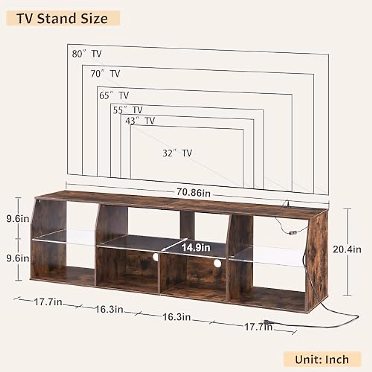 VECELO LED TV Stand for 70 inch Entertainment Center with Power Outlets, Industrial Television Cabinet with 7 Open Storage Shelves, for Living Room and Bedroom, Retro Brown, 70inch