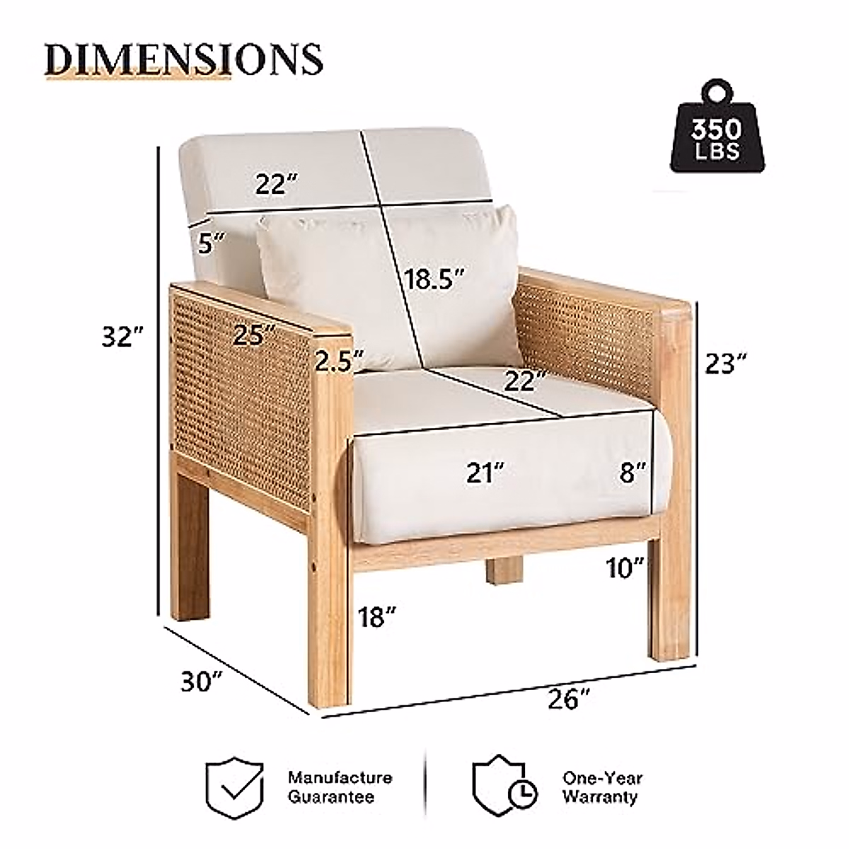 Bonzy Home Modern Velet Accent Chair with Rattan Arms, Comfy Armchair with Solid Wooden Legs, Upholstered Easy Assembly Wooden Single Sofa Reading Nook Chairs for Living Room Bedroom Office, White