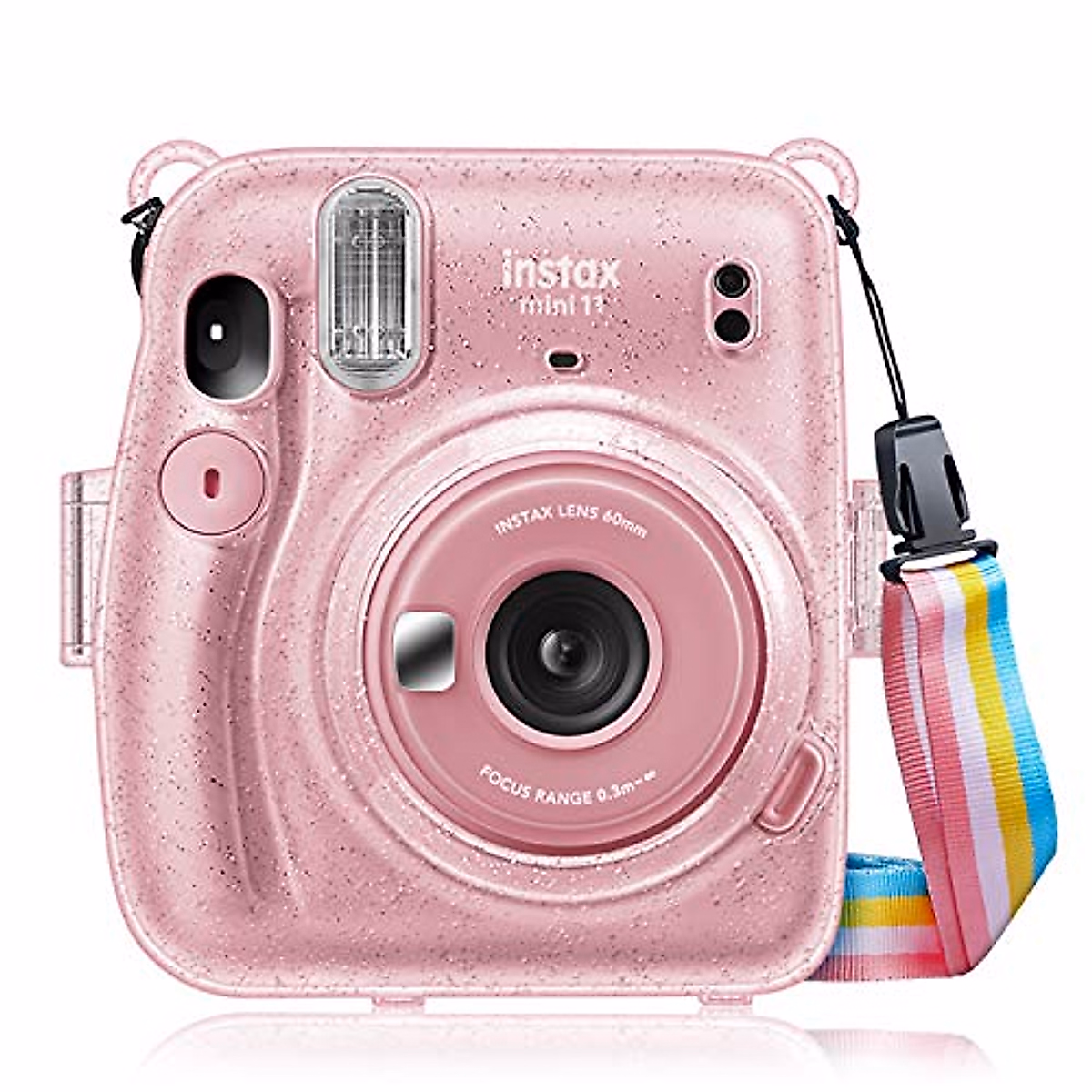 Fintie Protective Clear Case for Fujifilm Instax Mini 11 Instant Film Camera - Crystal Hard Shell Cover with Removable Rainbow Shoulder Strap, Glittering Pink