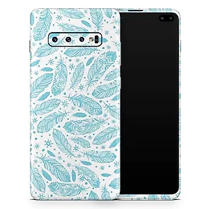 DesignSkinz Teal Zendoodle Feathers Protective Vinyl Decal Wrap Skin Cover Compatible with The Samsung Galaxy S20 (Screen Trim & Back Glass Skin)