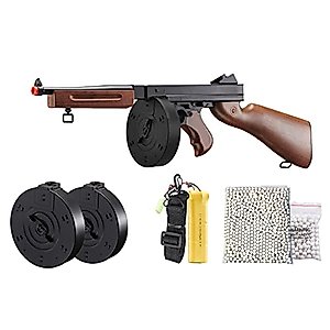Airsoft Tommy Thompson Submachine Gun WW2 Chicago Typewriter Full Auto Electric SMG AEG with Extra Drum Magazines, Battery and Charger- Color Faux Wood
