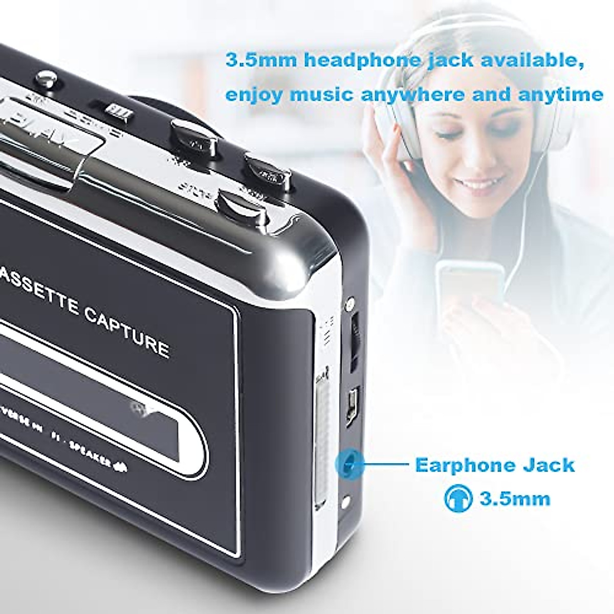 Updated Cassette Player with Speaker-Portable Cassette Tape to MP3 Converter- Convert Tapes to Digital Format via USB, Compatible with Mac Laptops & Personal Computers