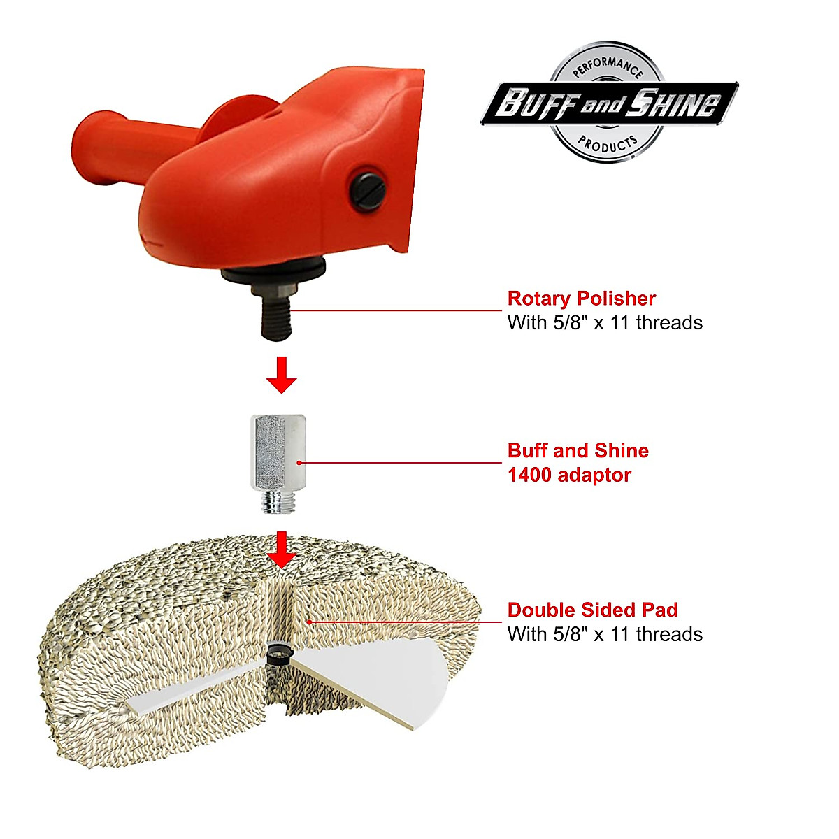 Buff and Shine - Double Sided Pad Adapter for Polishers & Double Sided Wool Buffing Pads - Zinc Plated Steel - Male 5/8" x 11 Female 5/8" x 11 - (BFS-1400)