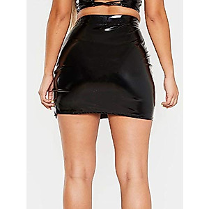 Women's Black Leather Mini Side Split Latex Skirt (US,4-6)