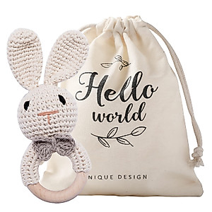 Wooden Baby Rattle Lovely Crochet Bunny Ring Rattle Baby Toys,Beige Bunny