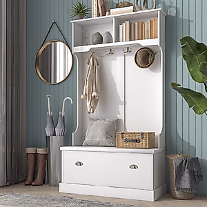 Prohon 71.9'' H Hall Tree with 4 Hooks, Top Shelves and 2-Drawer Storage Bench, 3-in-1 Wood Entryway Coat Rack Multifunctional Halltree for Hallway, Bedroom, White