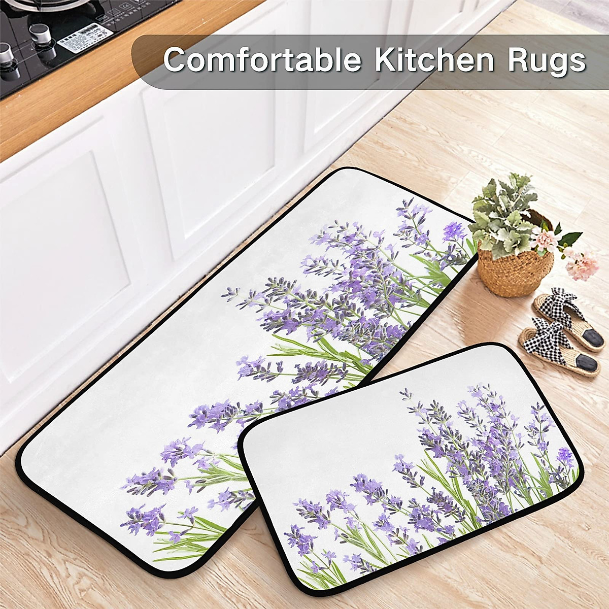 ALAZA Lavender Flower Watercolor 2 Piece Kitchen Rug Floor Mat Set Runner Rugs Non-Slip for Kitchen Laundry Office 20" x 28" + 20" x 48"