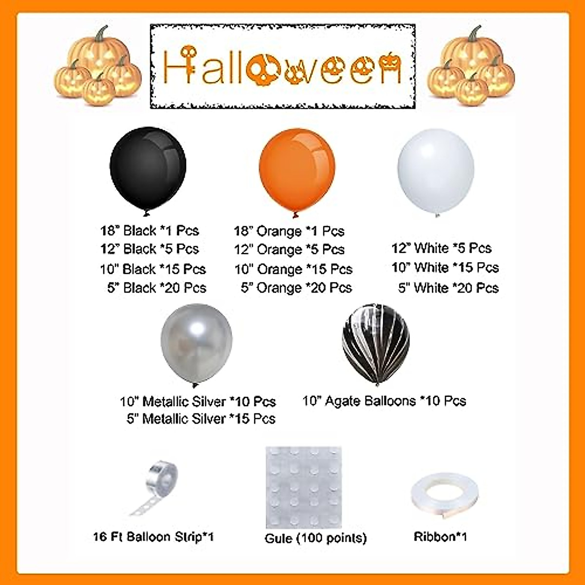 Bonropin 160Pcs Halloween Balloon Garland Arch kit with Black White Orange Silver Agate Balloons for Halloween Day Party Background Decorations