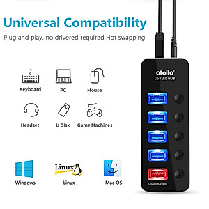 Powered USB Hub, atolla Aluminum 5-Port USB 3.0 Hub with 4 USB 3.0 Data Ports and 1 USB Smart Charging Port, USB Splitter with 5V/3A Power Adapter and Individual Switches
