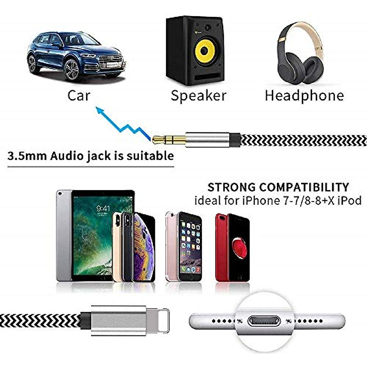 [Apple MFi Certified] iPhone to Car Stereo Cable, [3.3FT/1.0M] Lightning to 3.5mm AUX Audio Cord Compatible with iPhone 12/12 Pro/11/XS/XR/X 8 7 6/iPad, iPod to Home Stereo, Speaker, Headphone(Silver)