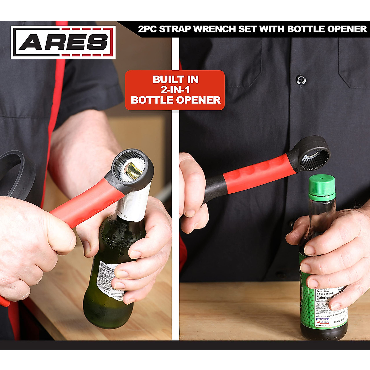 ARES 56034-2-Piece Rubber Strap Oil Filter Wrench Set - Adjustable Up to 4-inch and 6-inch Diameter - Non-Marring Slip Resistant Strap Wrench - Ergonomic TPR Handles