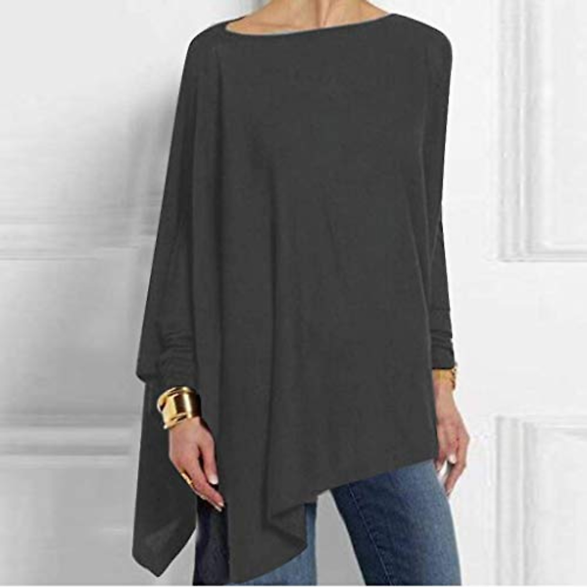 finess Womens Ladies Blouse T Shirt Tops Long Sleeve Solid Irregular Hem Loose Casual Sweatshirt Pullover Tunic Fall Clothes M-XXL (Gray, XL)