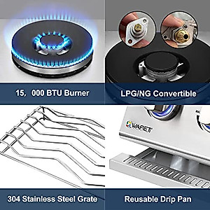 WAFIET Built-in Double Grilling Side Burners with Lid for Outdoor Kitchen BBQ Island, 304 Stainless Steel, 15,000BTU Liquid Propane/Natural Gas Grill with Drip Tray - LPG/NG Convertible