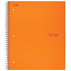 Five Star Spiral Notebook, 1 Subject, Wide Ruled Paper, 100 Sheets, 10-1/2" x 8", Orange (38734)