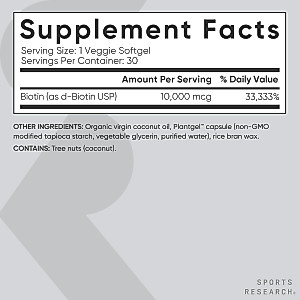 Sports Research Vegan Biotin 10,000mcg with Organic Coconut Oil - Max Strength Biotin Vitamin B7 for Healthier Hair & Skin and Keratin Support - Non-GMO & Gluten Free, 30 Softgels