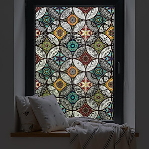 DKTIE Boho Chic Window Privacy Film with Installation Tools - Soften Light, Reduce UV Rays, Decorative Stained Glass Window Tinting Film for Home, Window Clings, 17.5 x 78.7Inch, Peacock Blue