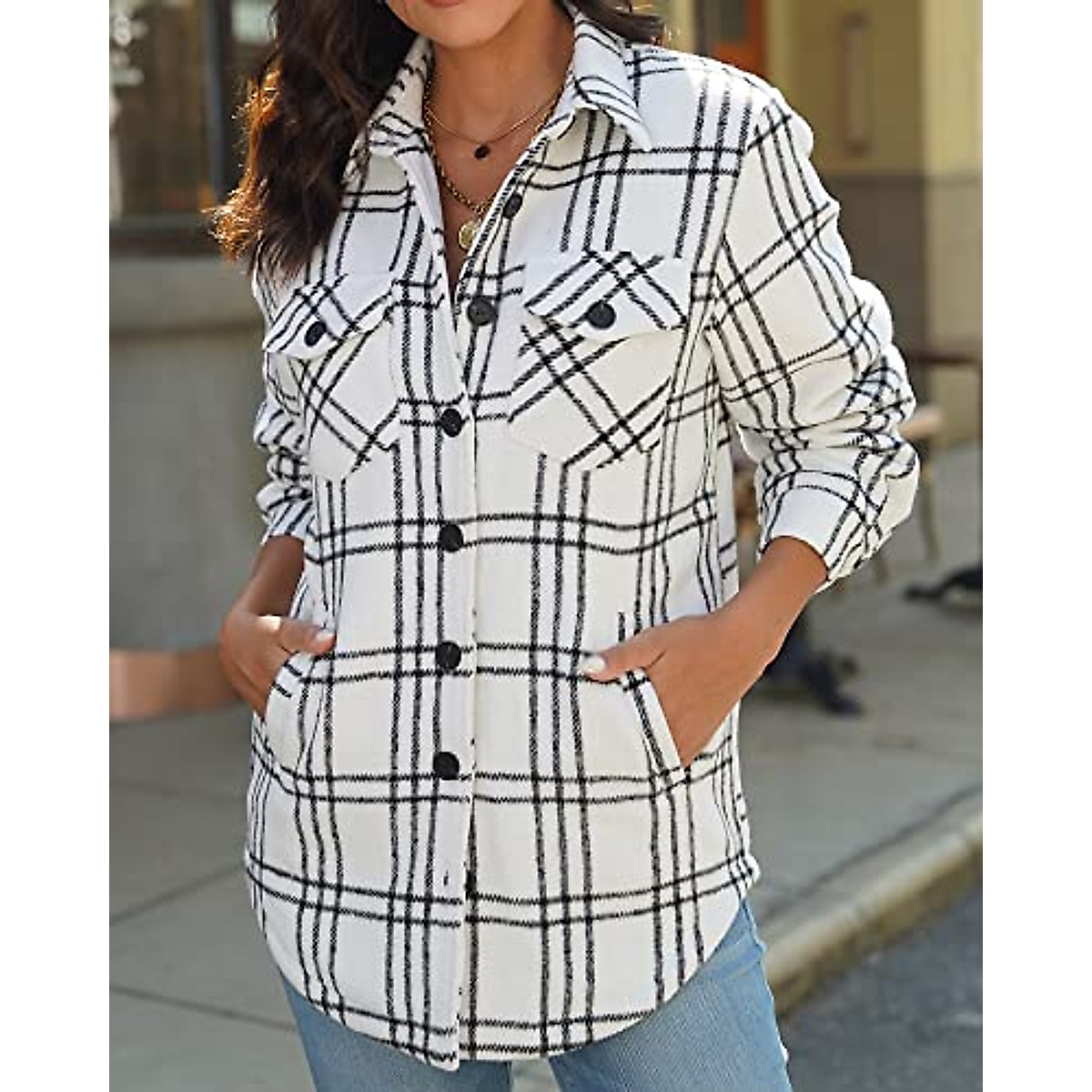 luvamia Womens Coats And Jackets Long Shacket Jacket Women Jacket For Women Office Oversized Quilted Utility Jacket For Women Beige Shirts For Women Beige Jacket For Women Black White Plaid Size Small