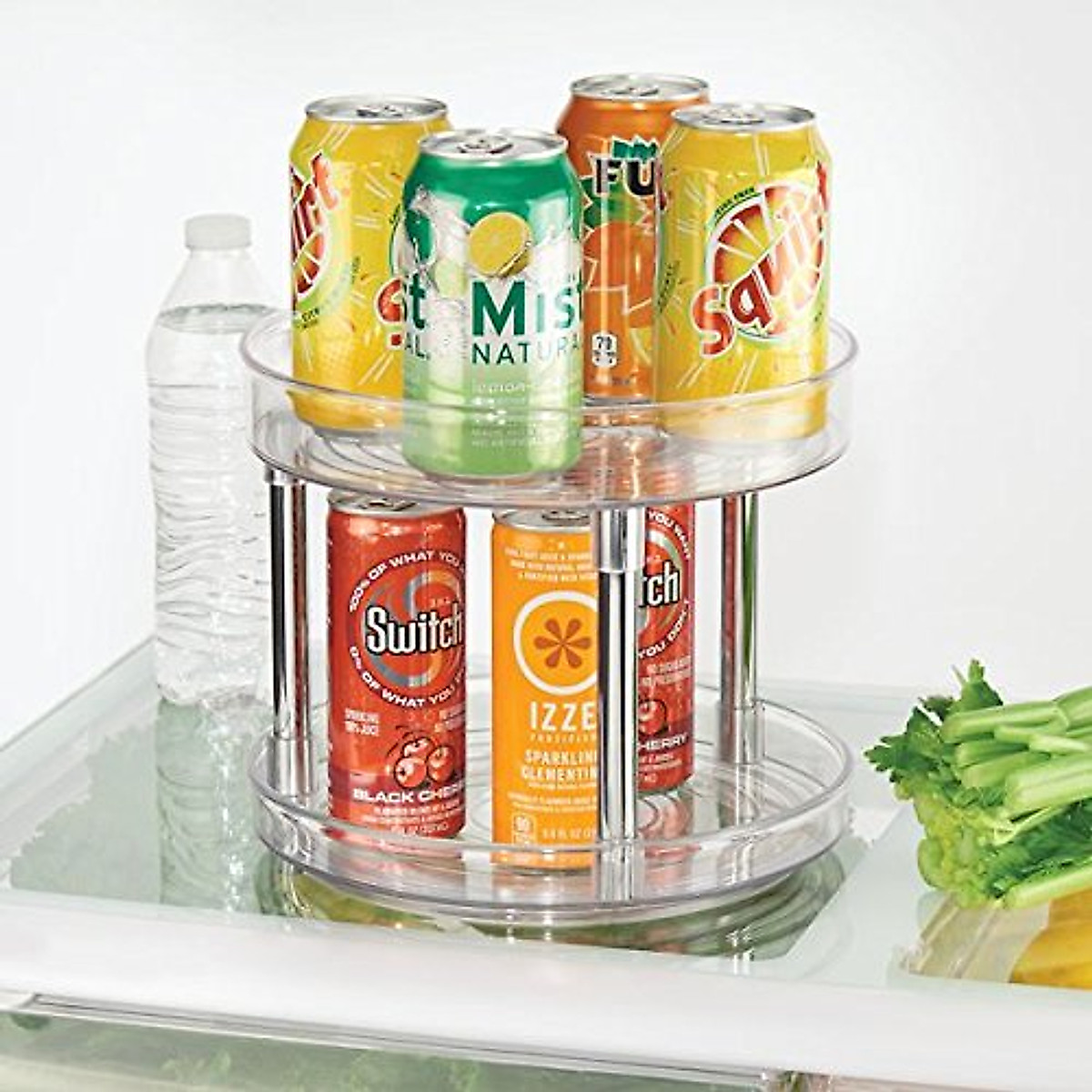 mDesign 2 Tier Lazy Susan Turntable Food Storage Container for Cabinets, Pantry, Fridge, Countertops - Raised Edge, Spinning Organizer for Spices, Condiments - 9" Round - Clear/Chrome