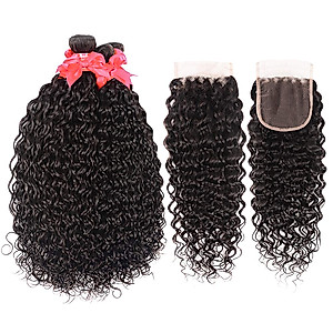 10A Water Wave Bundles with Closure (16 18 20 +14) Wet and Wavy Brazilian Virgin Human Hair 3 Bundles with 4x4 Lace Closure with Baby Hair Free Part 1B# Curly Wave Human Hair Extensions