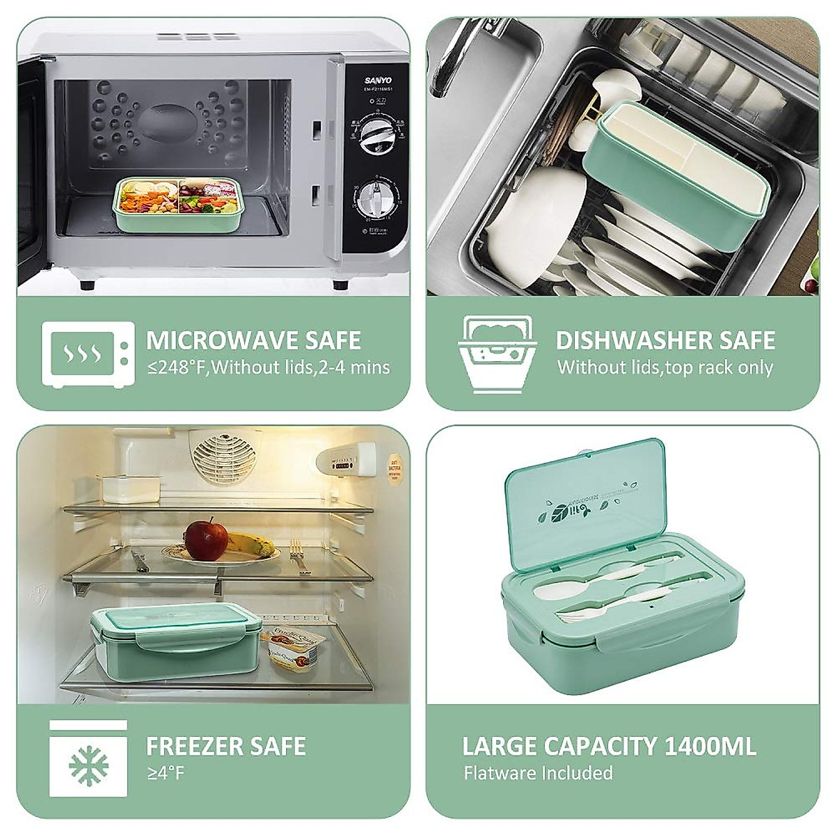 Bento Boxes for Adults, 1100 ML Bento Lunch Box For Kids Childrens With Utensils, Insulated Lunch Bag, Durable for On-the-Go Meal, BPA-Free and Food-Safe Materials(Green With Bag)