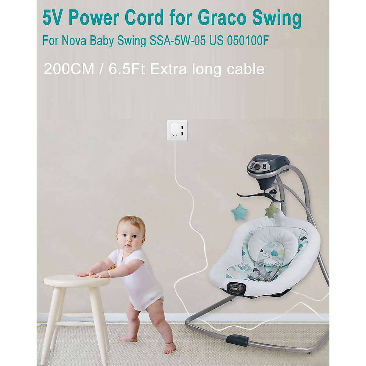 5V Swing Power Cord for Graco Simple Sway, DuoGlider, Glider LX/Elite/Premier/Petite LX, DuetSoothe, DuetConnect LX, Duet Sweetpeace, for Nova Baby Swing Replacement Charger Adapter