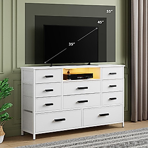Harpaq White Dresser for Bedroom with 10 Drawers, Dresser with Charging Station, TV Stand Dresser with LED Light for 55" TV, Fabric Drawer Dresser with PU Finish, Chest Dresser for Bedroom, Closet