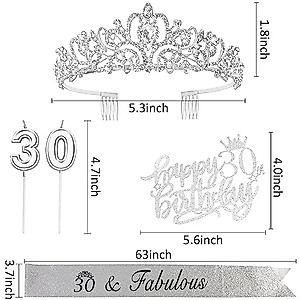 Hapdoo 30th Birthday Decorations women, Including 30th Birthday Rhinestone Crown Tiara, 30&Fabulous Sash with Pearl Pin, Happy Birthday Cake Topper and Number Candles, 30th Birthday Gifts for women, Silver