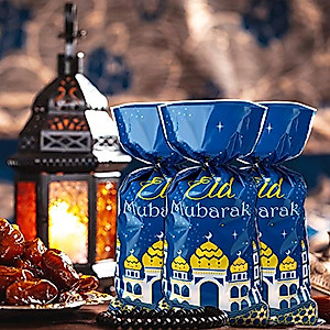 100 Pieces Eid Mubarak Party Treat Bags, Ramadan Theme Printed Pattern Gift Bags Cellophane Clear Plastic Goodie Favor Bags with Silver Twist Ties for Eid Mubarak Party