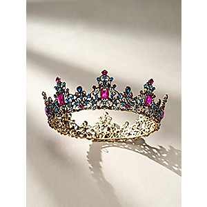 SWEETV Queen Crown for Women - Baroque Wedding Tiaras and Crowns, Jeweled Costume Tiara Princess Crown, Prom Birthday Party Halloween Hair Accessories, Old Gold + Hot Pink