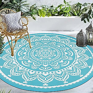 Bsmathom Round Outdoor Rug 6Ft for Patio Clearance, Reversible Outdoor Plastic Straw Camping Rug, Portable Washable Reversible Mats for Camping, RV, Picnic, Beach, Backyard, Pool Deck, Teal