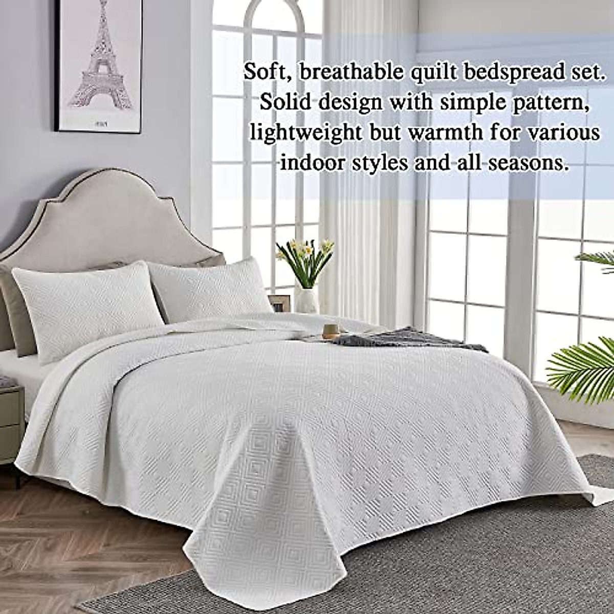 Qucover White Quilt Set California King, Soft Microfiber King Size Quilt Sets Oversized, 3D Ultrasonic Geometric Pattern Lightweight Summer Cal King Quilt 118x106, and 2 Pillow Shams