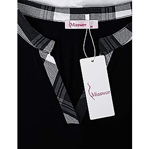 Tunic Shirts for Women Short Sleeve,Flattering Contrast Check V Neck Blouse Modest Youth Henley Tops Hi-Low Hem Casual Business Work Flowy Shirts Wear with Leggings Pullover Tunic Black Large