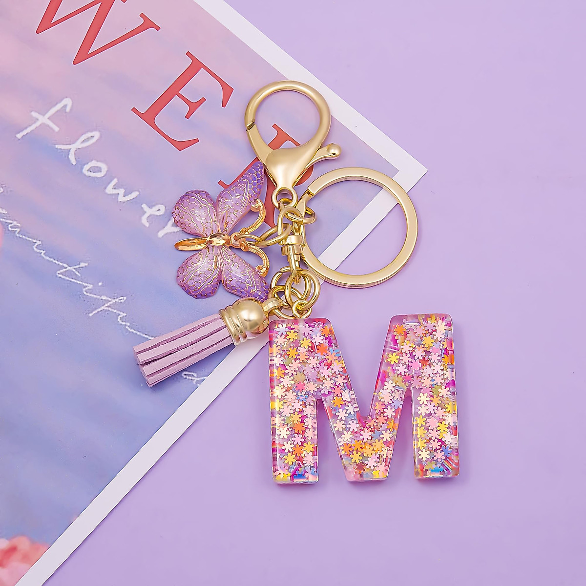 OKAICEN Fashion Snowflakes Alphabet Initial Letter Keychain Purple Tassel Butterfly Pendant Key Ring for Purse Handbags Women Girl ('M')