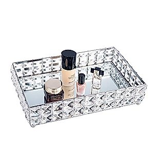 Feyarl Crystal Cosmetic Decorative Vanity Tray Jewelry Trinket Perfume Bottles Storage Organizer with Real Glass Surface for Dresser Table Home Deco12inch (Silver)