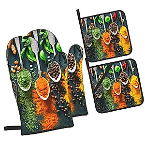 YILEQUAN Condiments Spices Print Oven Mitts and Pot Holders Sets,Kitchen Oven Glove High Heat Resistant 500 Degree Oven Mitts and Potholder,Surface Safe for Baking, Cooking, BBQ,Pack of 4