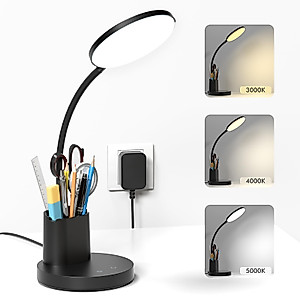 comzler Small Desk Lamp, LED Desk Lamps with Pen Phone Holder, Black Desk Light for Home Office,8W 3 Modes Dimmable LED Desk Light for Kids, Desktop Study Lamps for Bedrooms