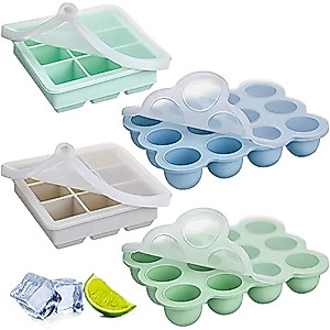 Hoolerry 4 Pcs Silicone Baby Food Freezer Tray with Clip on Lid Baby Food Storage Containers Milk Trays for Breastmilk Silicone Ice Cube Trays for Vegetable Fruit Puree, 2 Styles (Gray, Green, Blue)