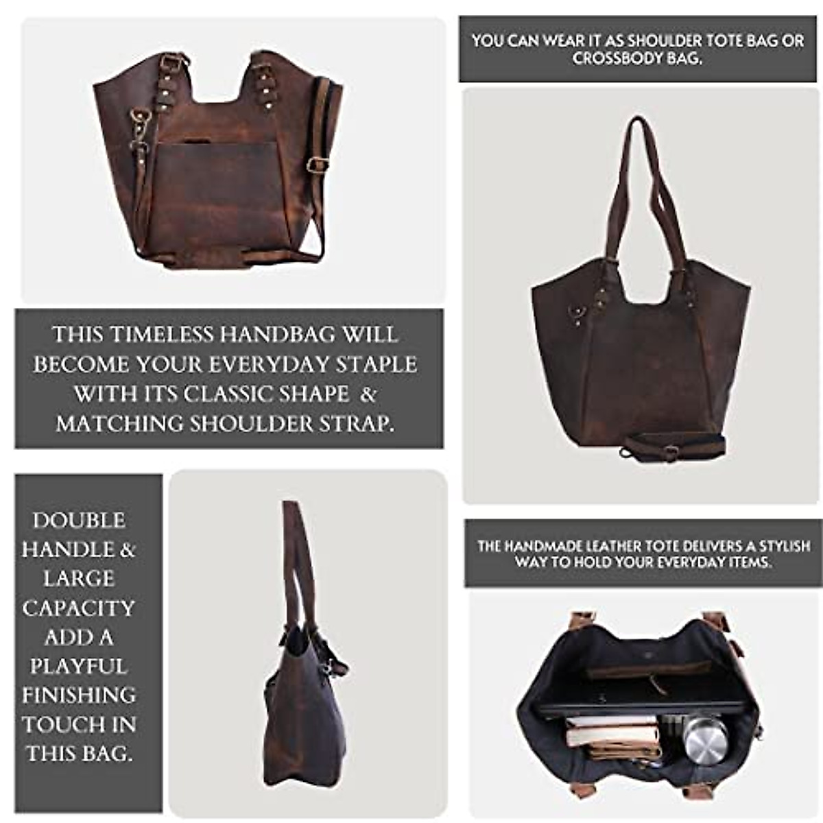 Madosh, Women Large Capacity Tote Bag Buffalo Leather Rustic Shoulder Purse Vintage Business Crossbody Hobo Handbag