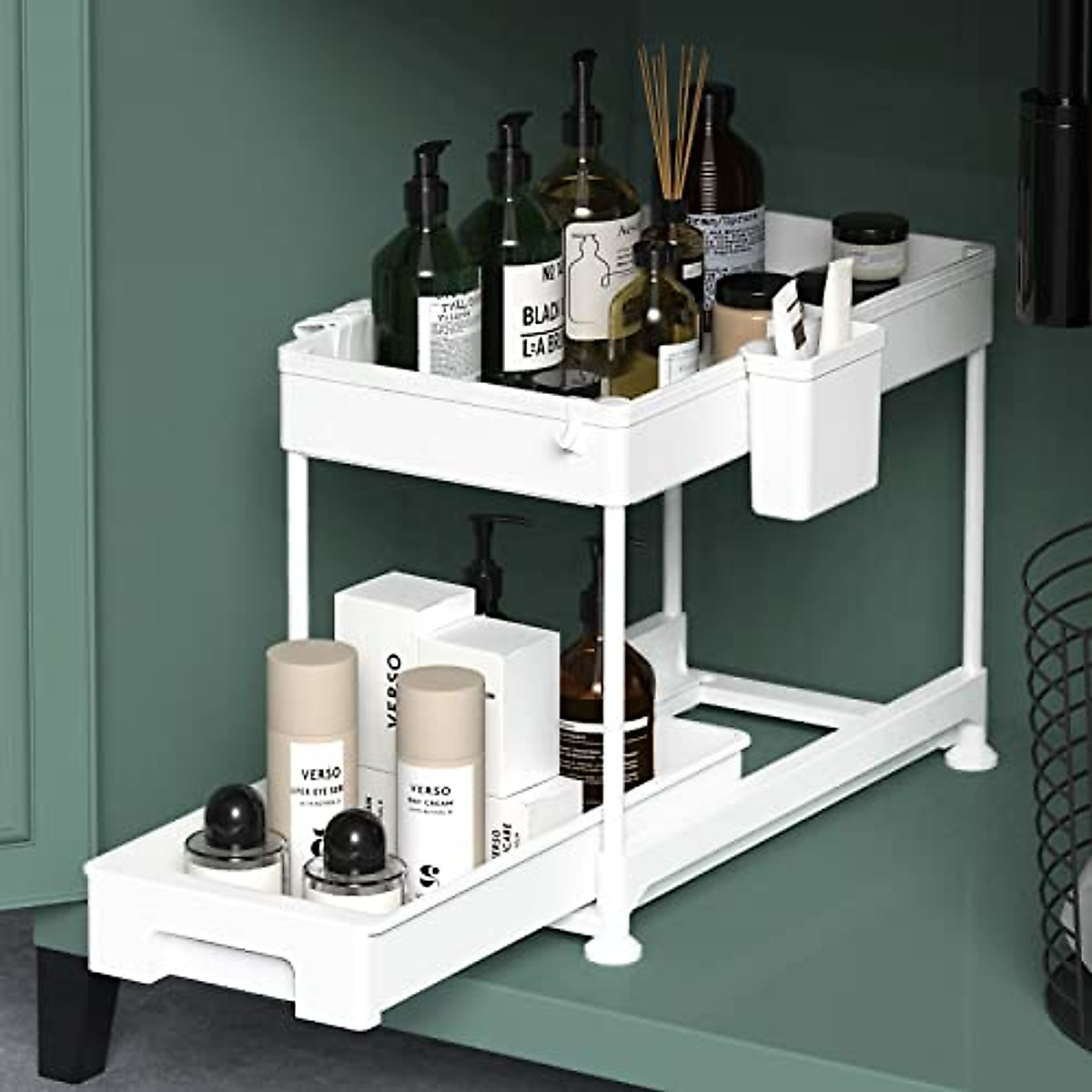SPACELEAD Under Sink Organizers and Storage for Bathroom 2 Tier Sliding Cabinet Basket Organizer Drawers , Kitchen with Hooks The Bottom Can Be Pulled Out White