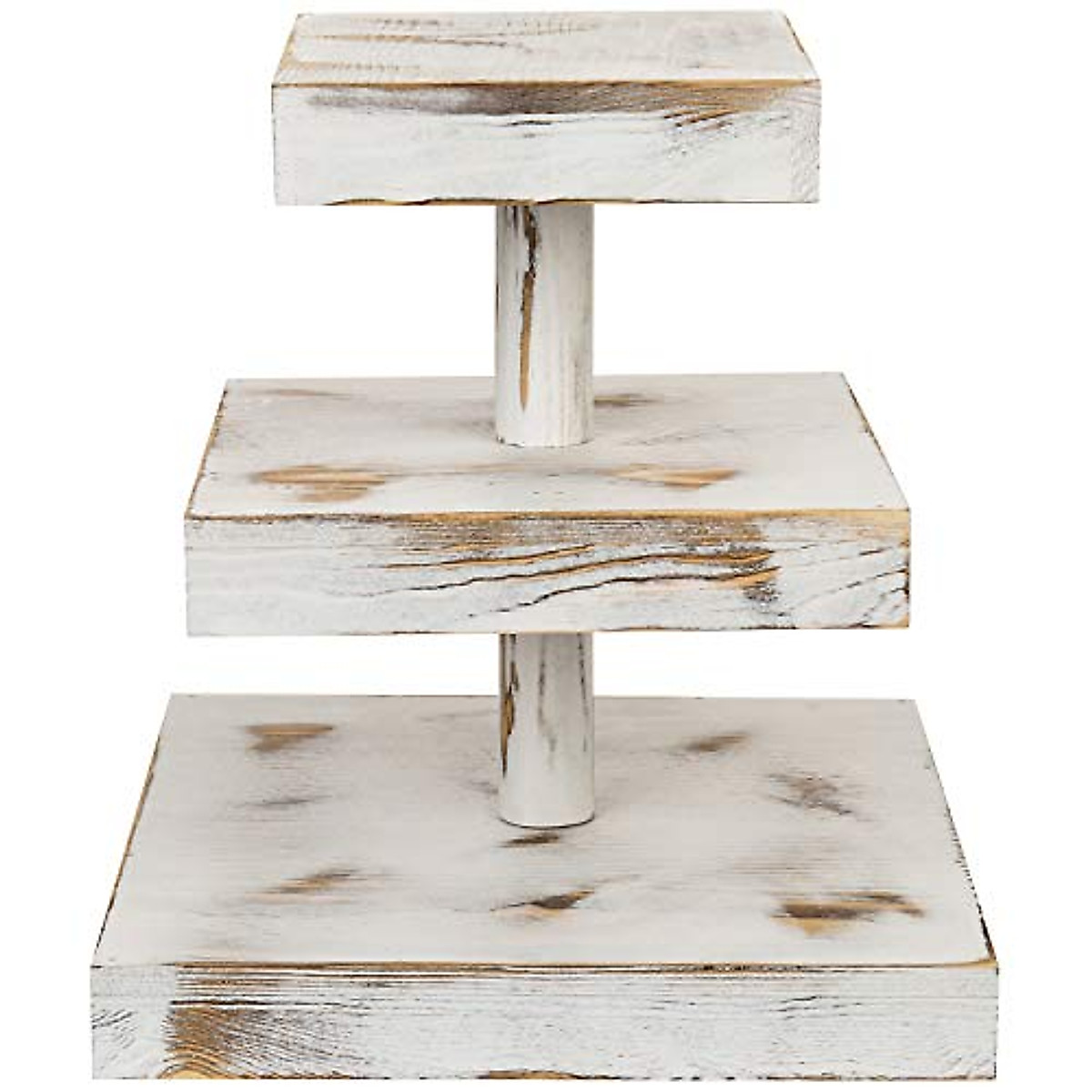 MyGift Whitewashed Wood Cupcake Stand, 3 Tiered Square Serving Tray, Desserts and Appetizer Display Riser