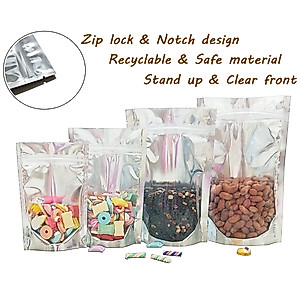 Couga Mall 100 PCS Airtight Zipper Stand Up Pouch Bag, Reusable Packing Storage Package Bag with Clear Front Aluminum Foil Back for Storing Snacks, Beans, Seeds & Food (5.5"7.9")