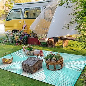 GENIMO Outdoor Rug for Patios Clearance, 5'x8' Reversible Tropical Outdoor Decor Area Rugs,Plastic Straw Waterproof Carpet, Camping Mat for Rv, Porch, Deck, Camper, Balcony, White & Grey