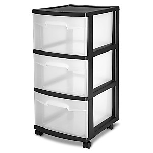 Plastic Drawer Storage Organizer 3 Drawer Plastic Cart Dorm Storage Shelves Containers With Drawer Unit w/Wheels for Art Supplies,Home,Closet,Bathroom,Office, Black with Clear Drawers, Adult