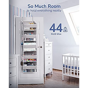 ULG 1 Pack Over Door Organizer with 5 Large Pockets 10 Mesh Side Pockets, 44 lbs Weight Capacity Hanging Storage Organizer with Clear Window for Kids Toys, Shoes, Diapers, Grey, 5 Layer