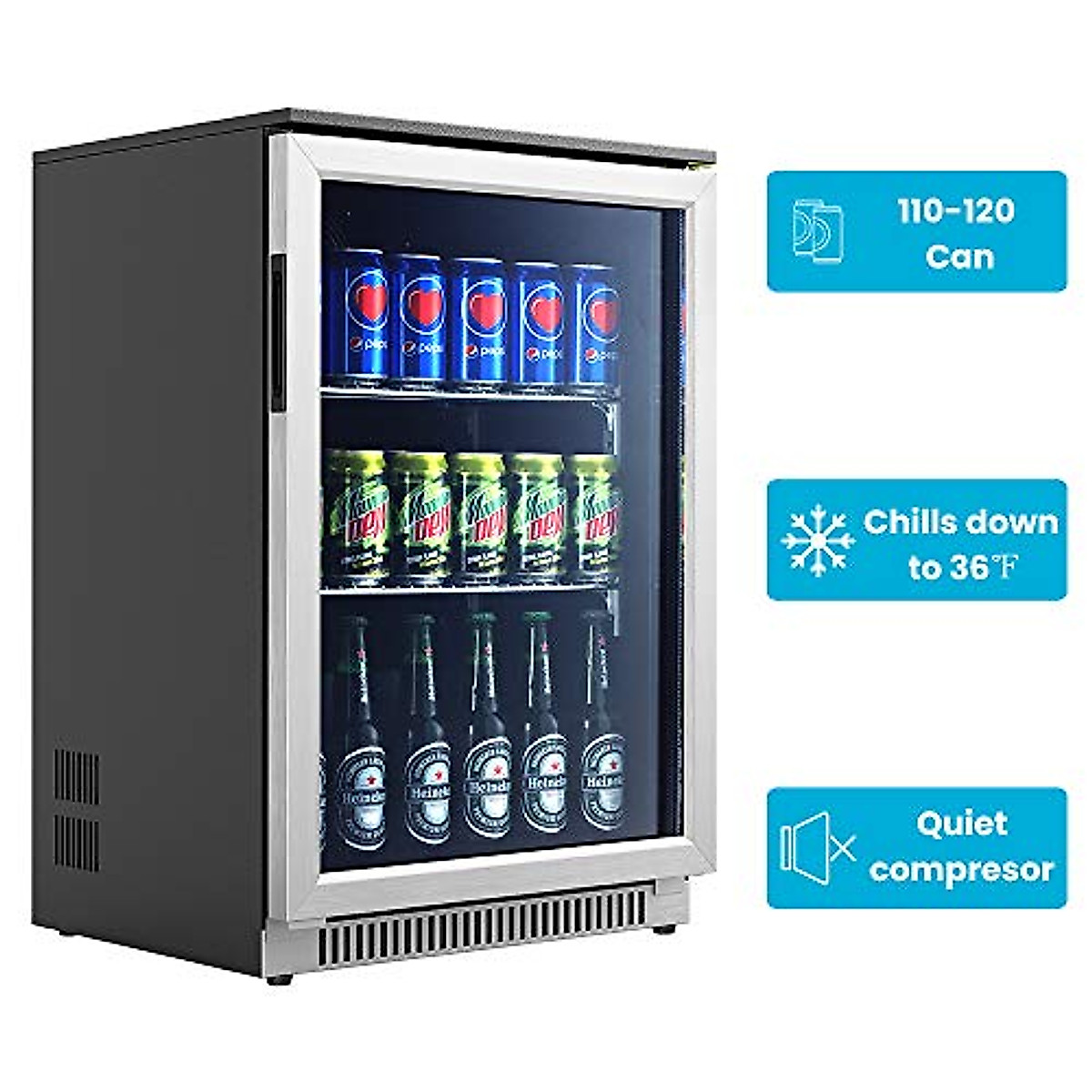 Advanics 20 Inch Wide Built in Beverage Refrigerator with Glass Door, Auto Defrost Beverage Fridge Under Counter, Blue LED Light Drink Cooler Refrigerator