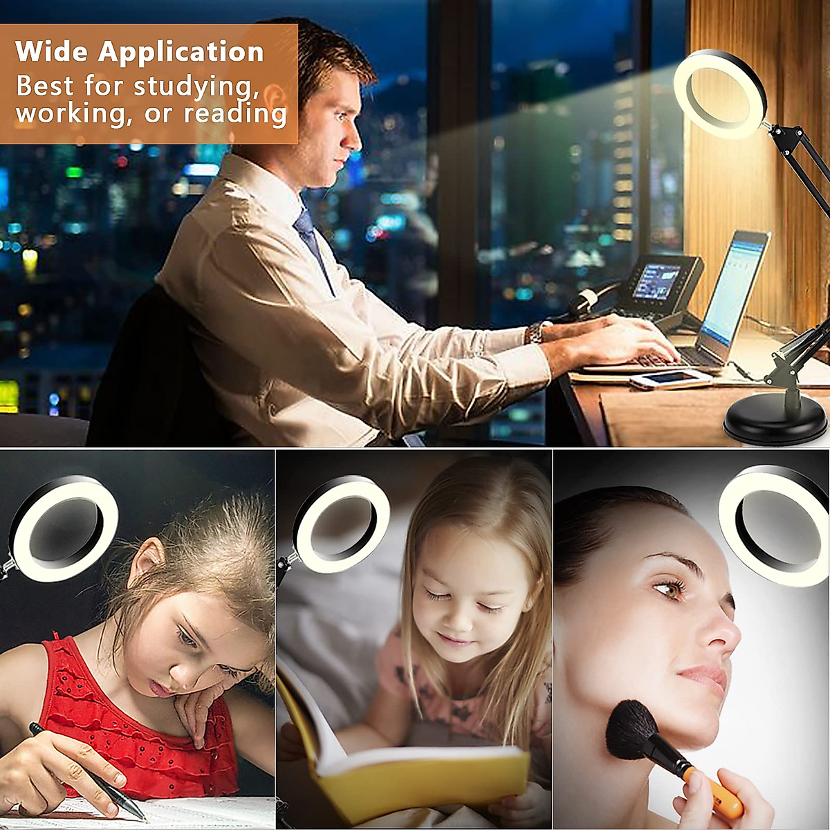 DLLT Dimmable Swing Arm Desk Lamp with Clamp, 68 LED Flexible Architect Work Lamp, 3 Colors 10 Brightness, Adjustable Desk Lamp, Multi-Joint Table Lamp for Study, Office, Computer, Art, Work Lighting