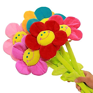 Colorful Plush Flower Bouquet with Bendable Stems, Happy Smiley Face Sunflower Plushie Gift for Kids, Baby Girls & Toddlers (Pink)