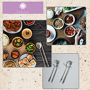 BALWOO [Made in Korea] Hologram Turtle Design Korean Table Sticky Rice Spoon and Chopsticks 304 Stainless Steel Flat Chopsticks Matt Surface Mukbang Cutlery (Red)